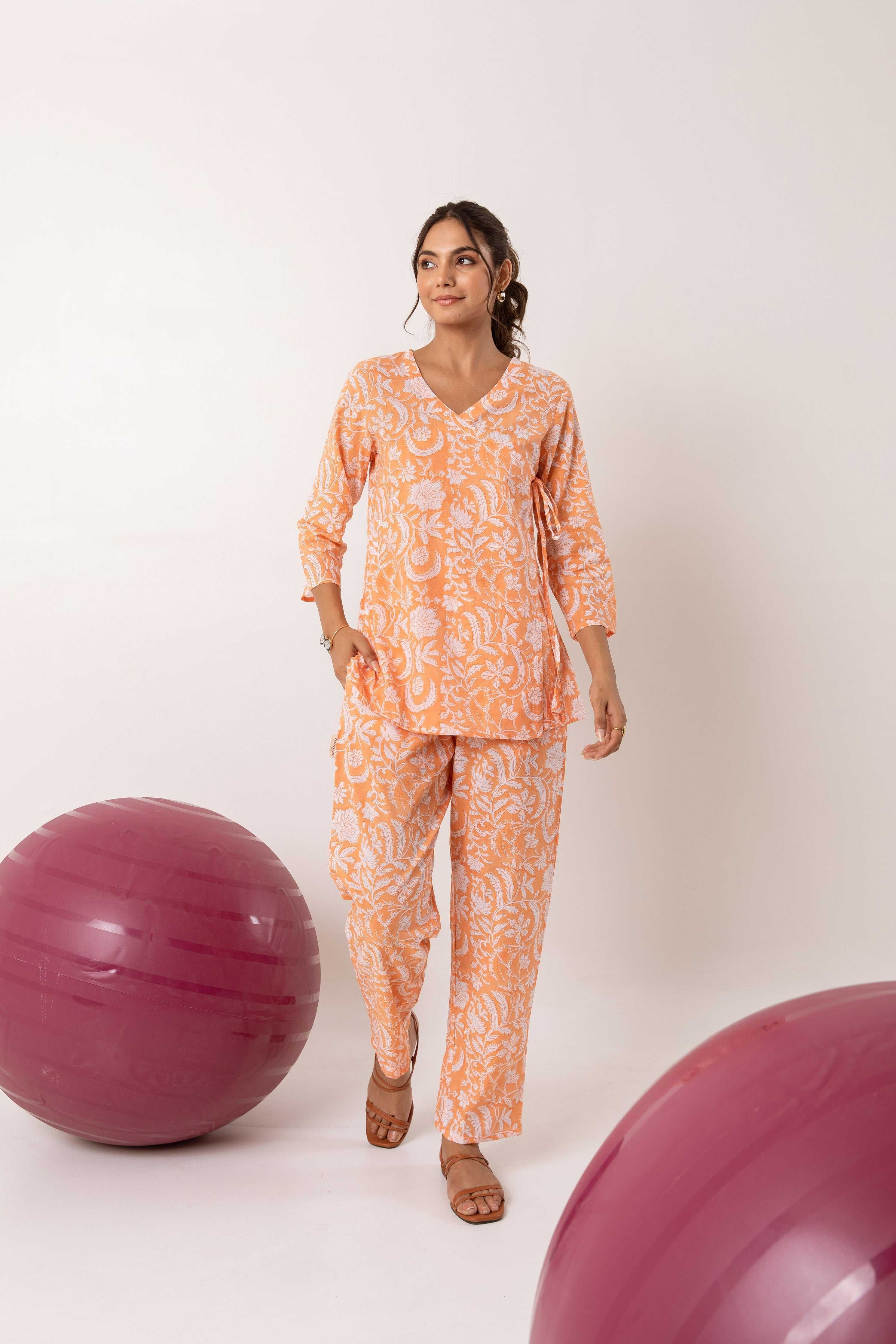 Tangerine Bloom Fiesta: Cotton Floral Anghrakha Blockprint Co-ord Set - Hukum